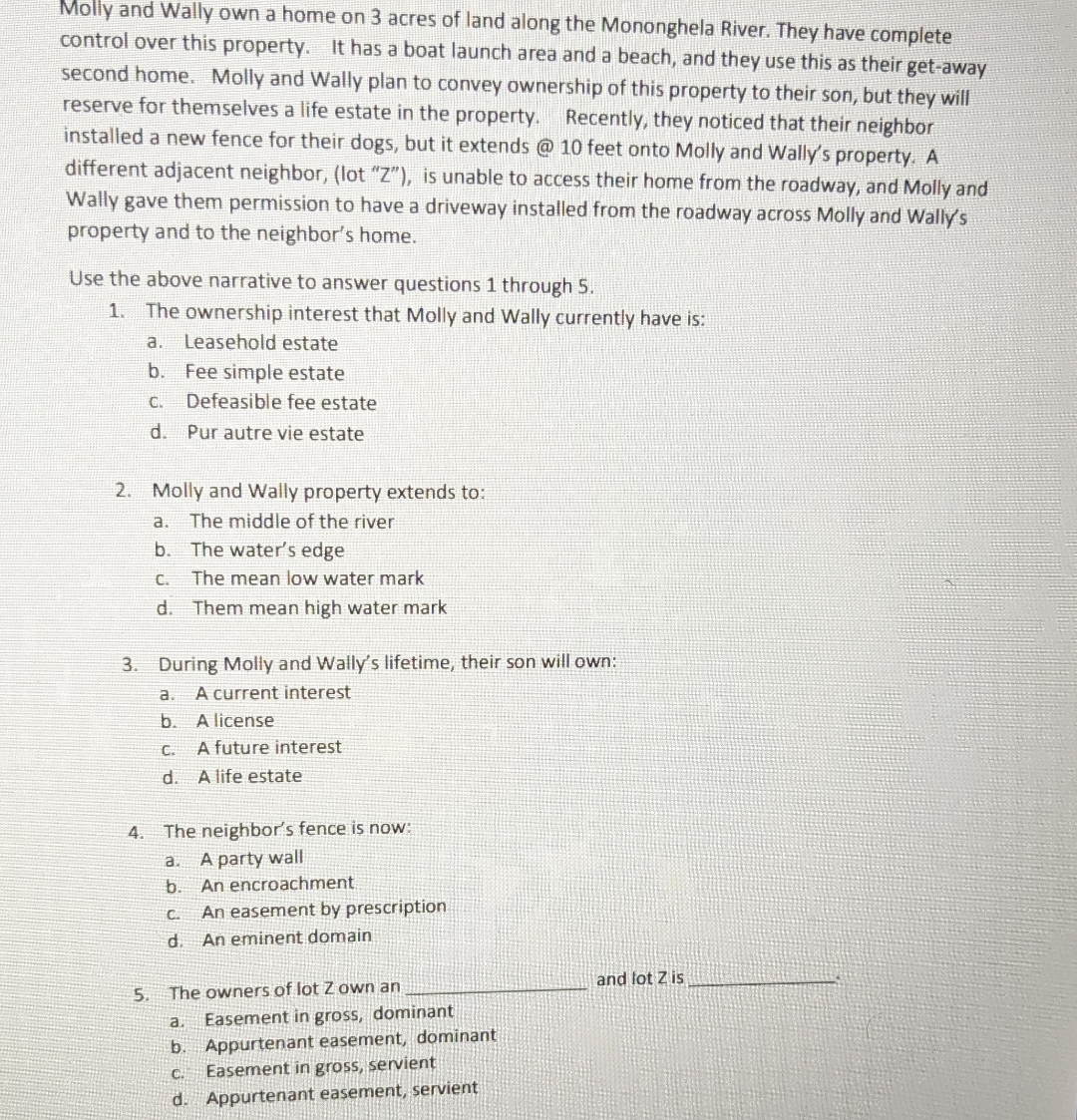 Molly and Wally own a home on 3 ﻿acres of land along | Chegg.com