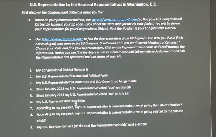 U.S. Representative to the House of Representatives | Chegg.com