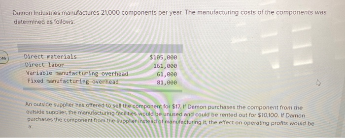 Solved Damon Industries manufactures 21,000 components per | Chegg.com