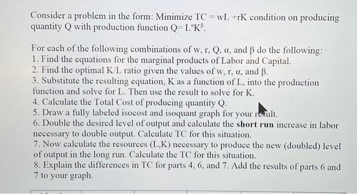 Solved Consider a problem in the form: Minimize TC=wL+rK | Chegg.com