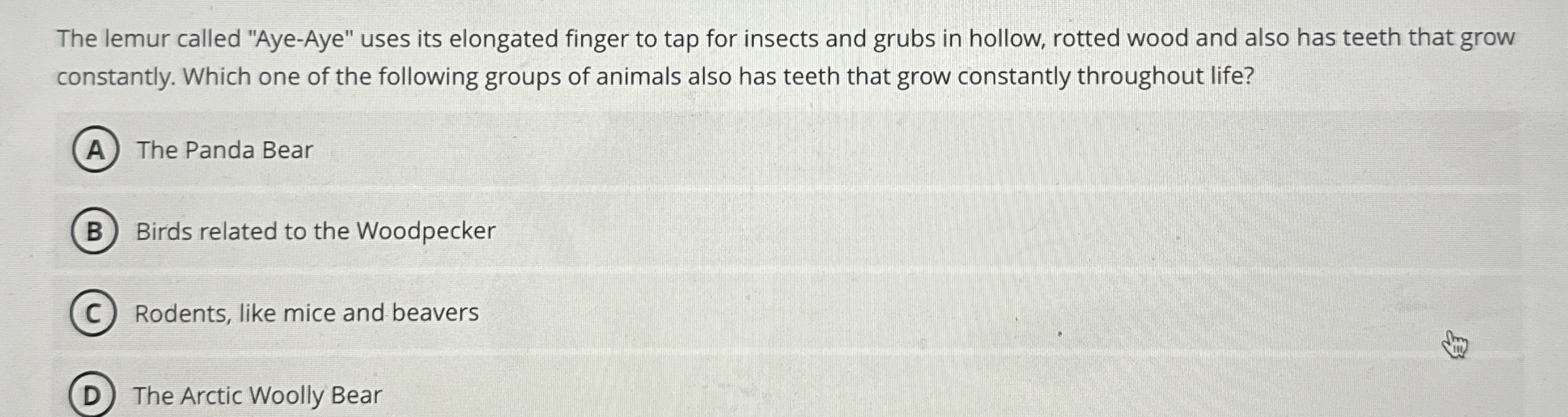 Solved The lemur called "Aye-Aye" uses its elongated finger | Chegg.com