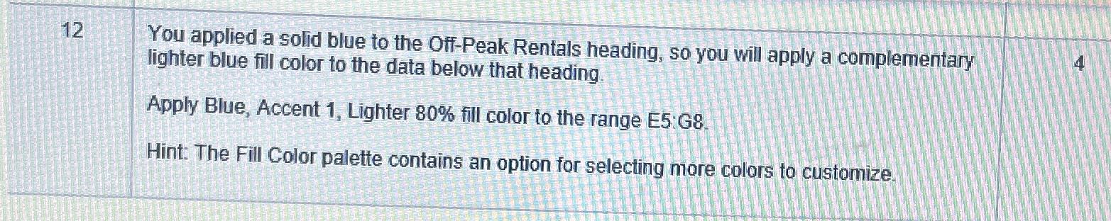 Solved 12 ﻿You applied a solid blue to the Off-Peak Rentals | Chegg.com