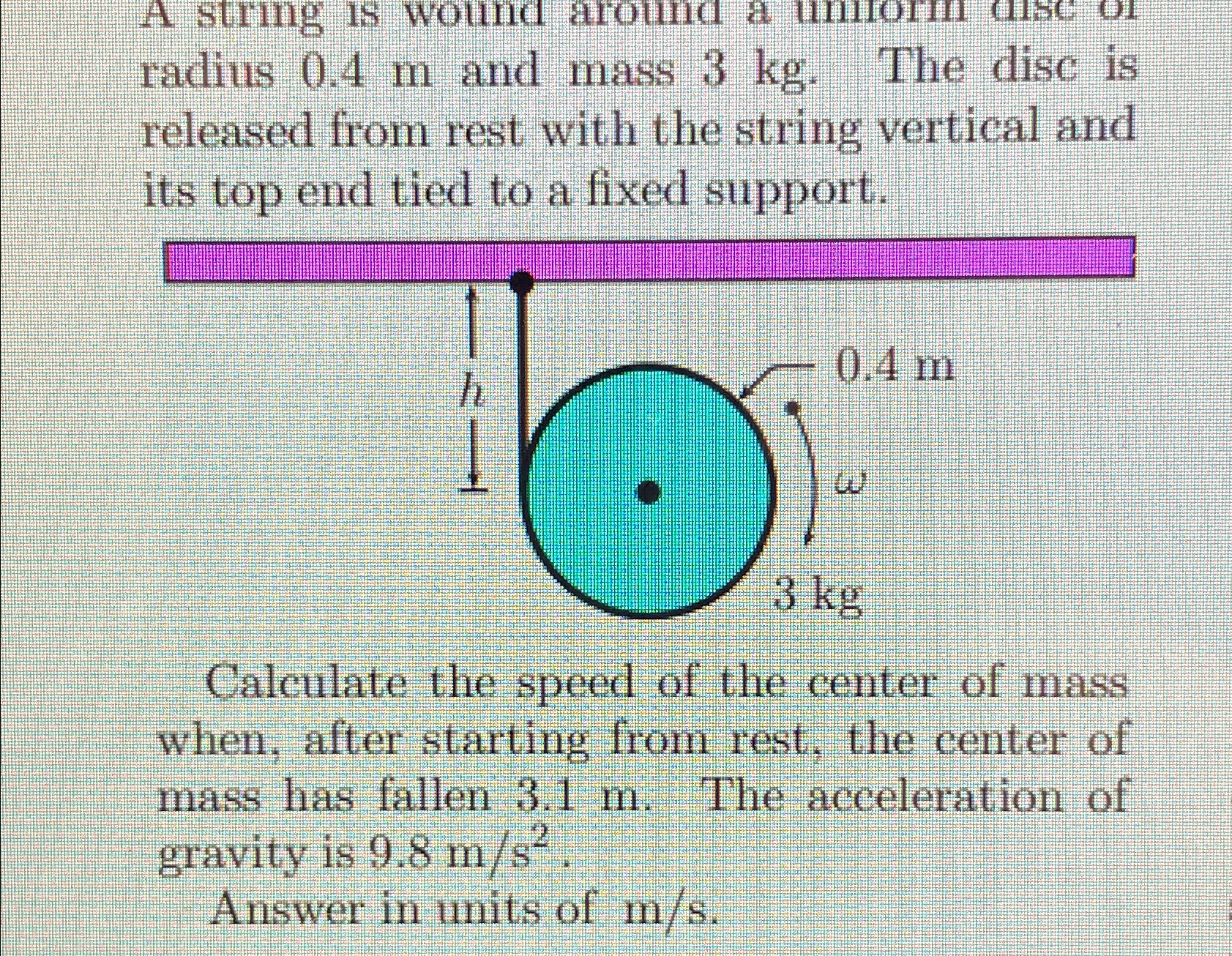 Solved radius 0.4m ﻿and mass 3kg. ﻿The disc is released from | Chegg.com