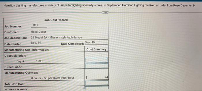 Solved Hamilton Lighting manufactures a variety of lamps for | Chegg.com