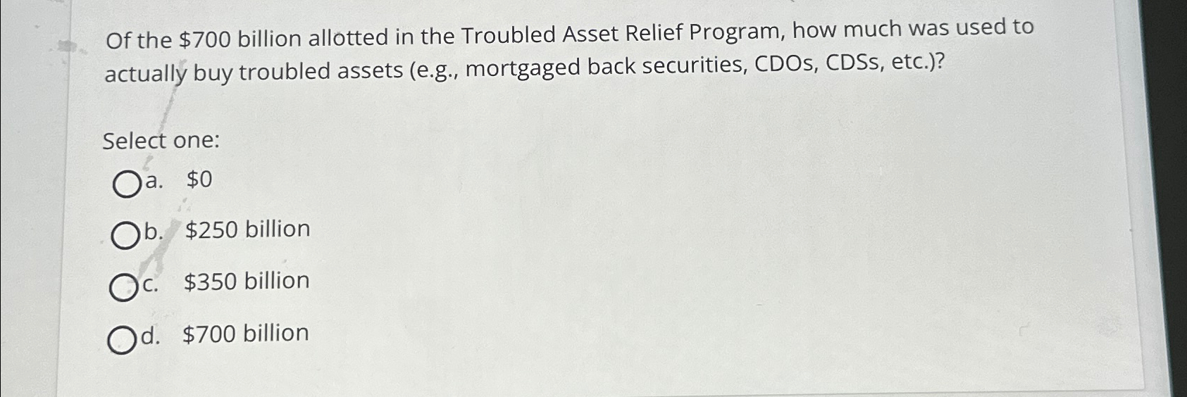 Solved Of the $700 ﻿billion allotted in the Troubled Asset | Chegg.com