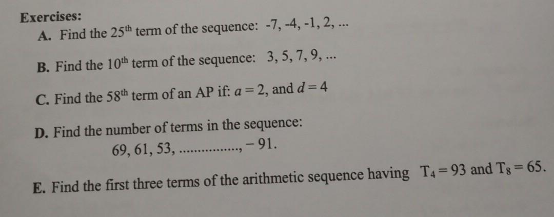 Solved Exercises: A. Find the 25th term of the sequence: | Chegg.com