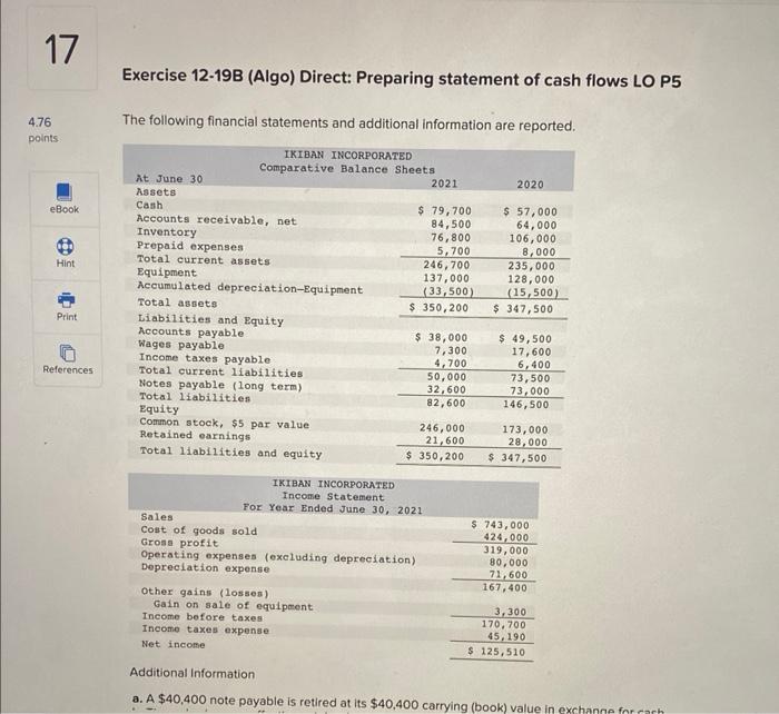 Solved Exercise 12-19B (Algo) Direct: Preparing statement of | Chegg.com
