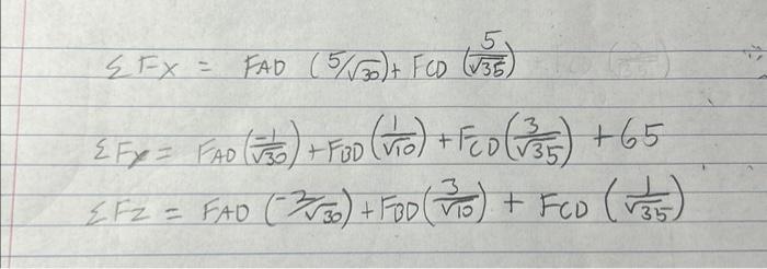 Solved ∑FX=FAD(5/30)+FCD(355)ΣFX=FAD(30−1)+FBD(101)+FCD(353) | Chegg.com