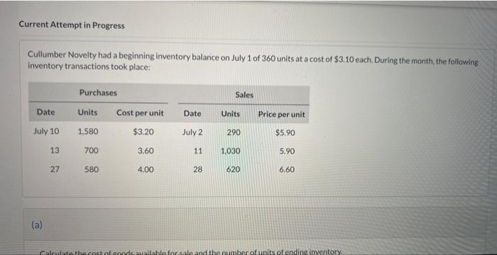 Solved Current Attempt in Progress Cullumber Novelty had a | Chegg.com