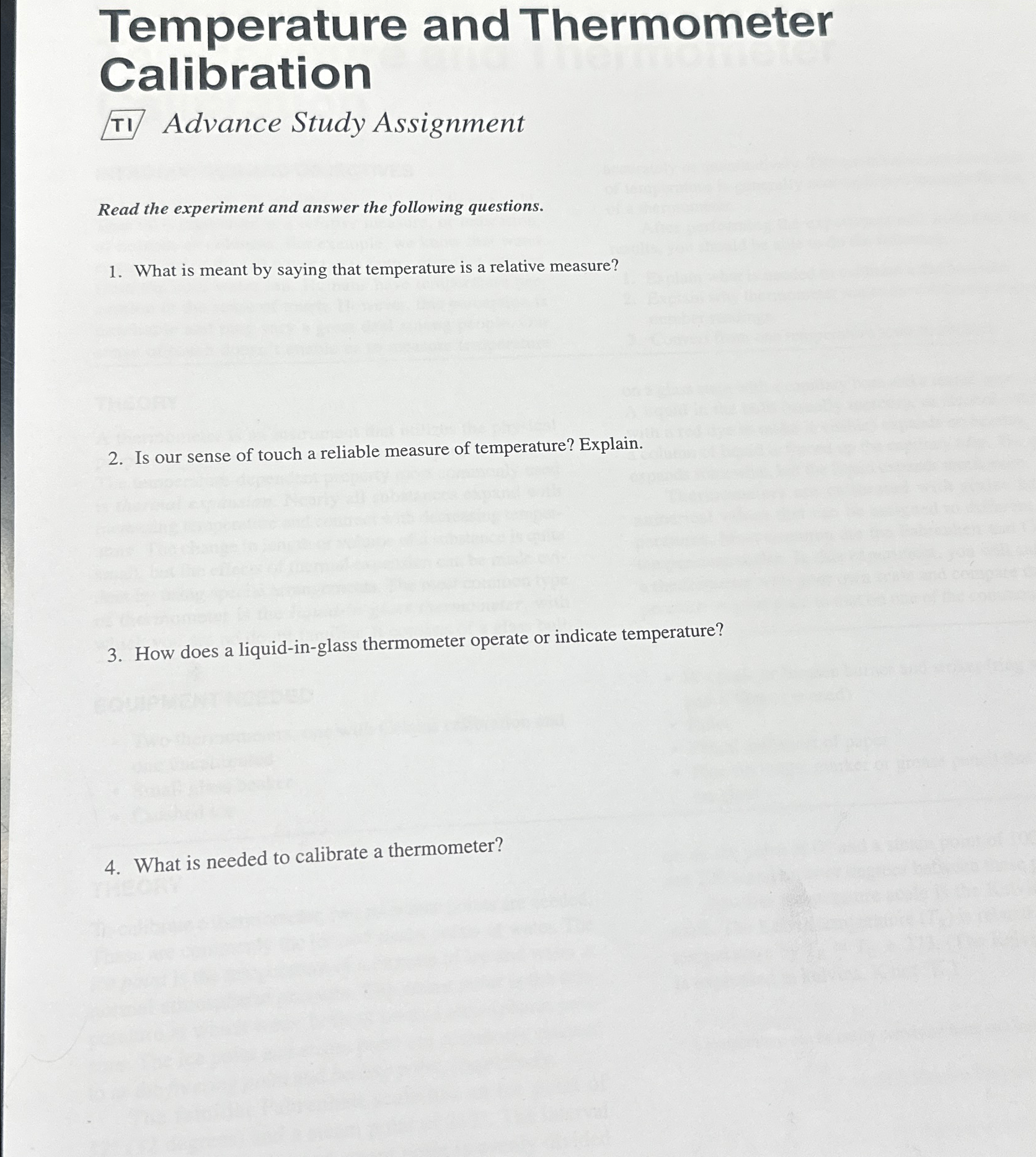 Solved Temperature and Thermometer CalibrationT1 ﻿Advance | Chegg.com