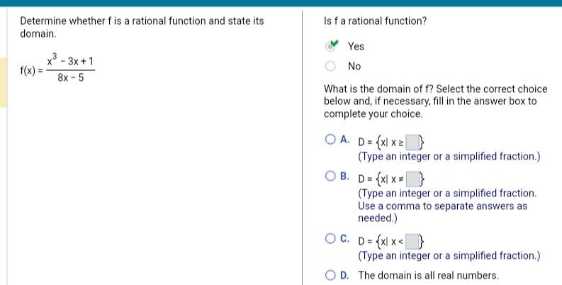 Solved Determine whethe domain. f(x)=8x−5x3−3x+1 Is f a | Chegg.com