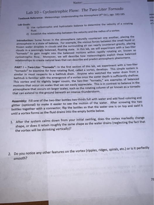 Name: Lab 10 - Cyclostrophic Flow: The Two-Liter | Chegg.com