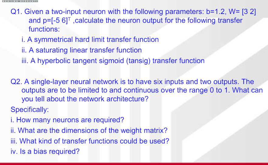 Solved Q1. ﻿Given a two-input neuron with the following | Chegg.com