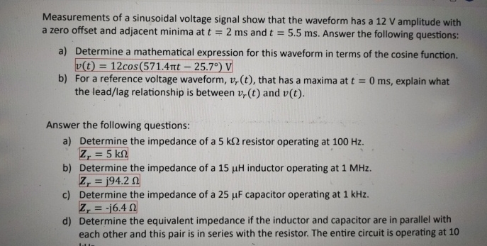 Solved Measurements of a sinusoidal voltage signal show that | Chegg.com