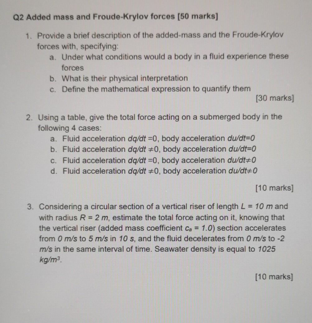 Solved Q2 Added mass and Froude-Krylov forces (50 marks] 1. | Chegg.com