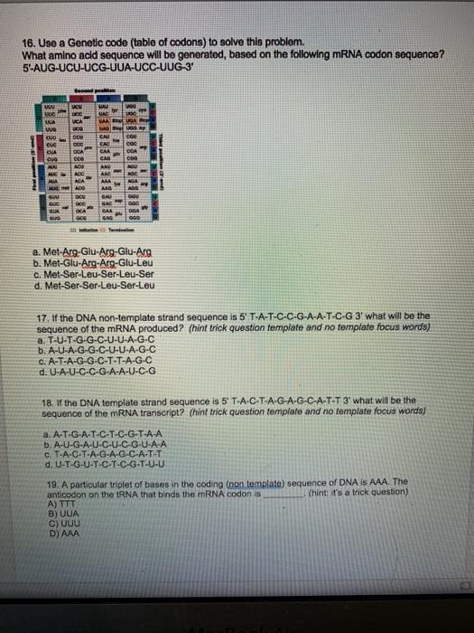 Solved 16. Use a Genetic code (table of codons) to solve | Chegg.com