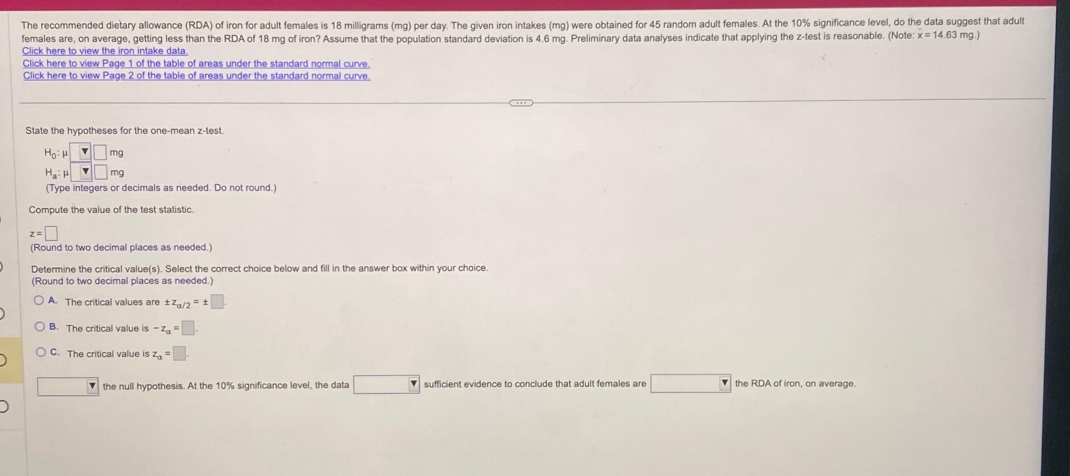 Solved Click here to view the iron intake data.Click here to | Chegg.com