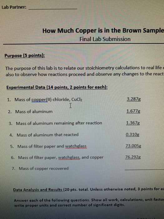 Solved Lab Partner: How Much Copper is in the Brown Sample | Chegg.com