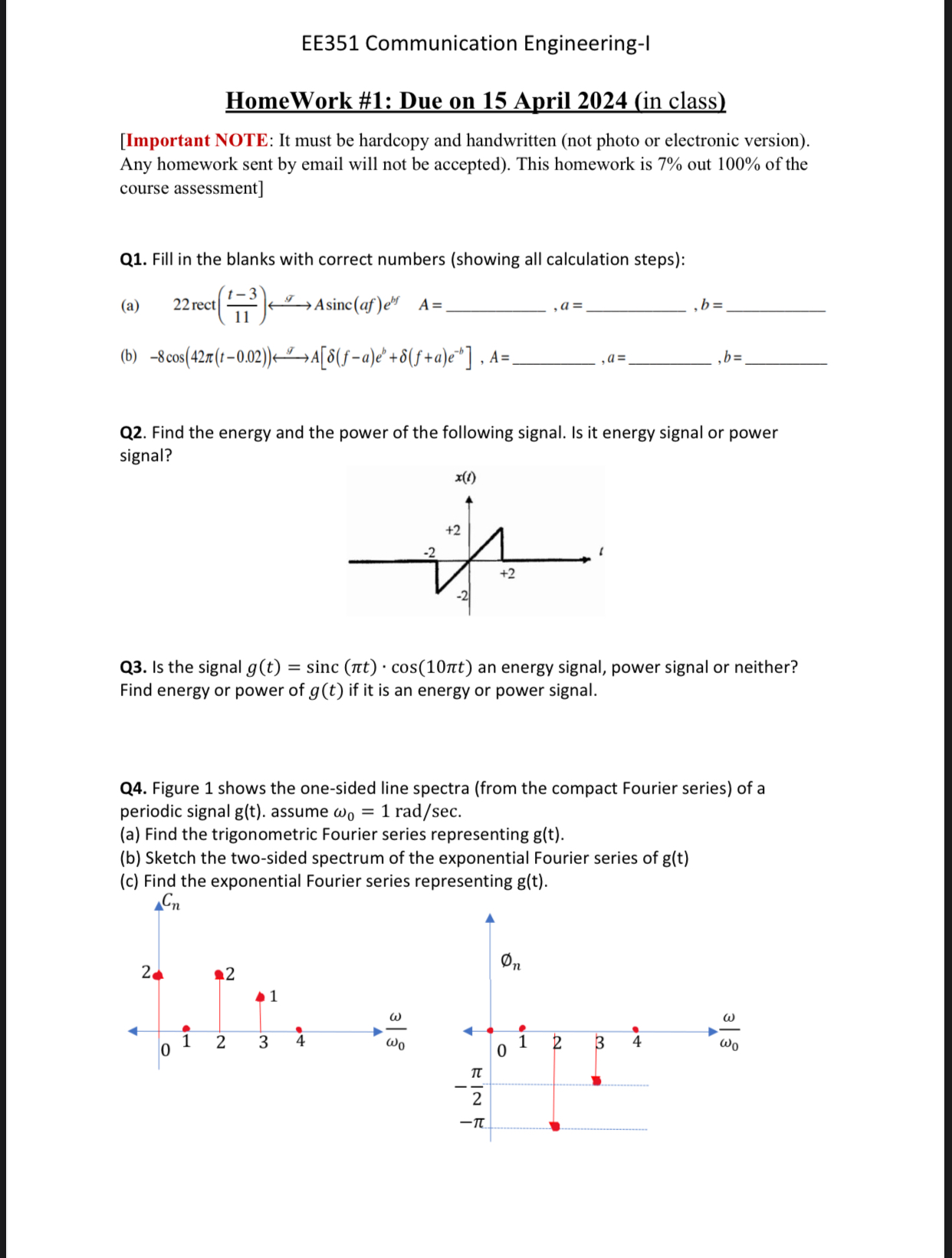Solved EE351 ﻿Communication Engineering-IHomeWork #1: Due on | Chegg.com