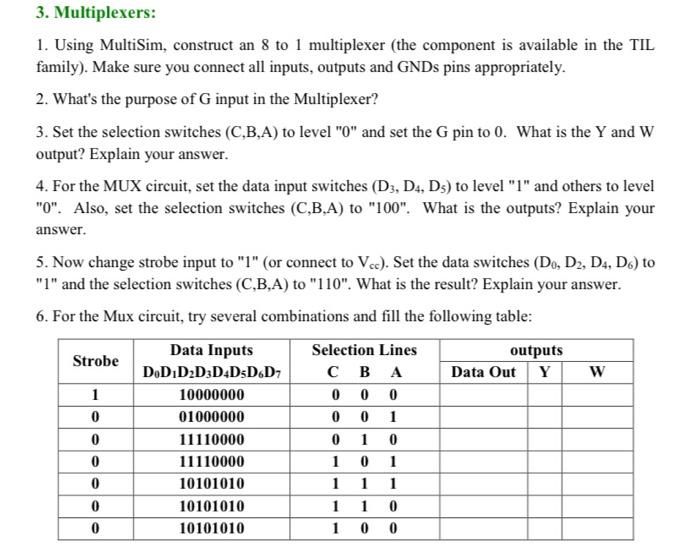 Solved 3. Multiplexers: 1. Using MultiSim, construct an 8 to | Chegg.com