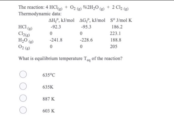 Solved + 2 Cl2 (3) HCl (8) Cl2(8) H20 () O2 (g) The | Chegg.com