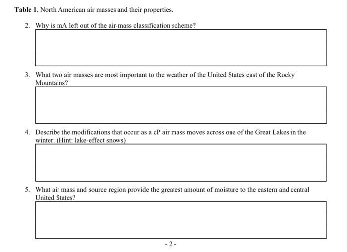 Solved Table 1. North American air masses and their | Chegg.com