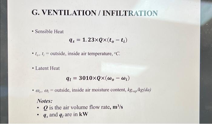 Solved G. VENTILATION / INFILTRATION - Sensible Heat | Chegg.com