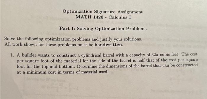 Optimization Signature Assignment MATH 1426 - | Chegg.com