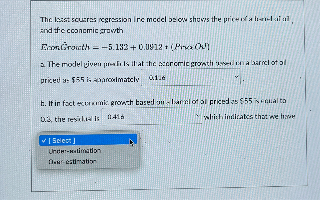 Solved The least squares regression line model below shows | Chegg.com