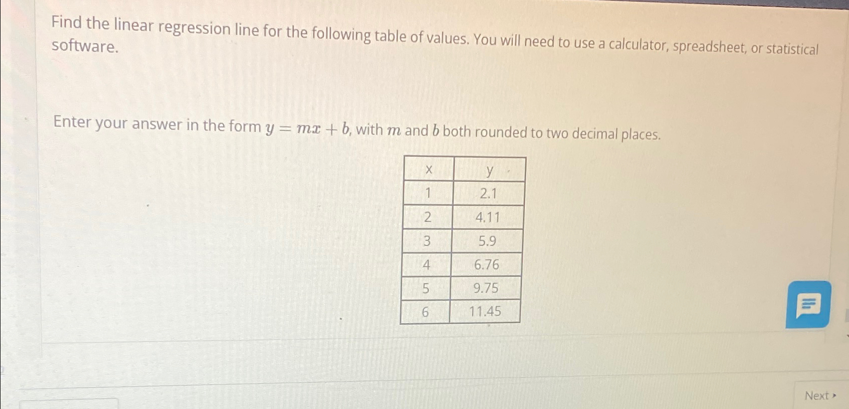 Solved Find the linear regression line for the following | Chegg.com