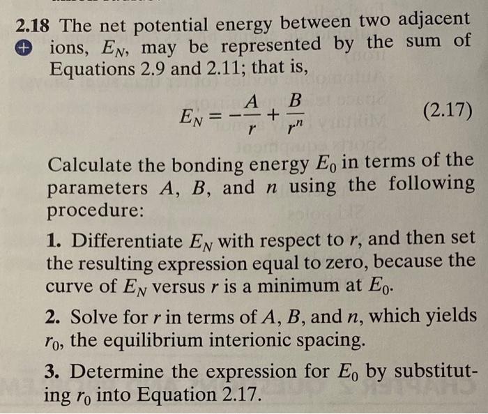 Solved 2.18 The net potential energy between two adjacent | Chegg.com