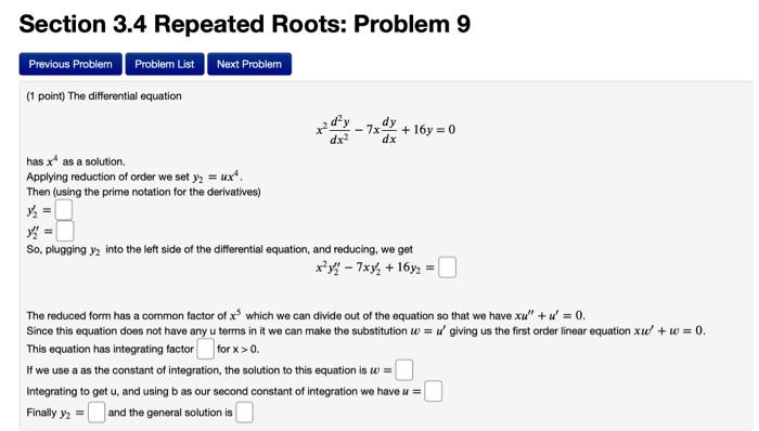Solved Section 3.4 Repeated Roots: Problem 9 Previous | Chegg.com