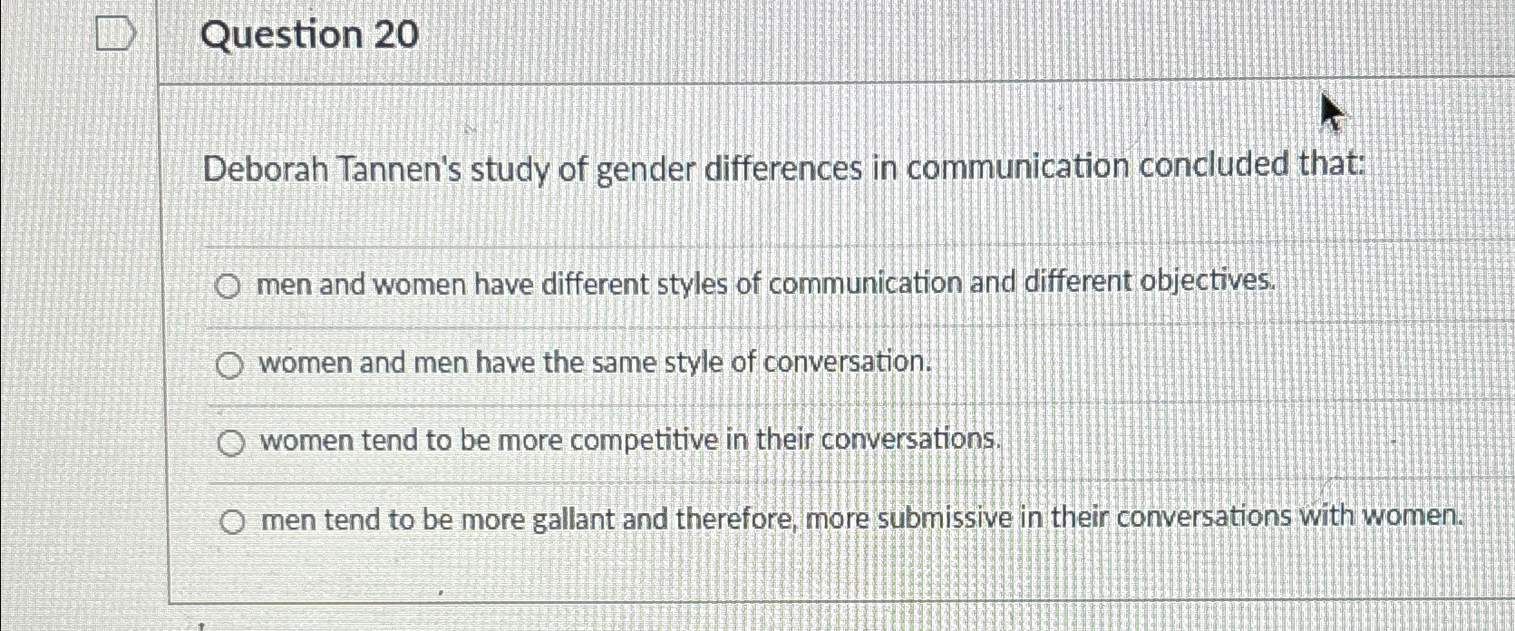 Solved Question 20Deborah Tannen's study of gender | Chegg.com