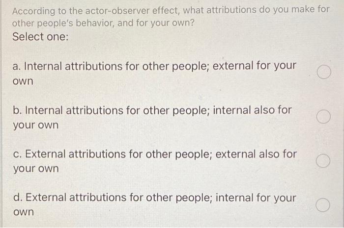 Solved According to the actor-observer effect, what | Chegg.com