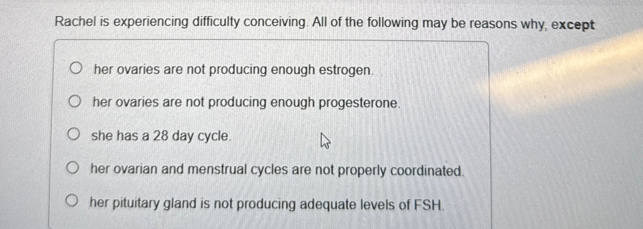 Solved Rachel is experiencing difficulty conceiving. All of | Chegg.com
