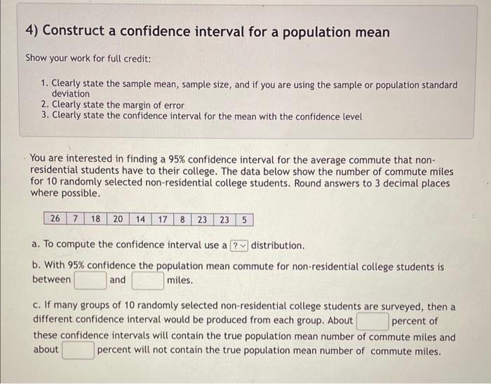 Solved 4) Construct a confidence interval for a population | Chegg.com