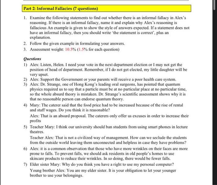 Solved Part 2: Informal Fallacies (7 questions) 1. Examine | Chegg.com