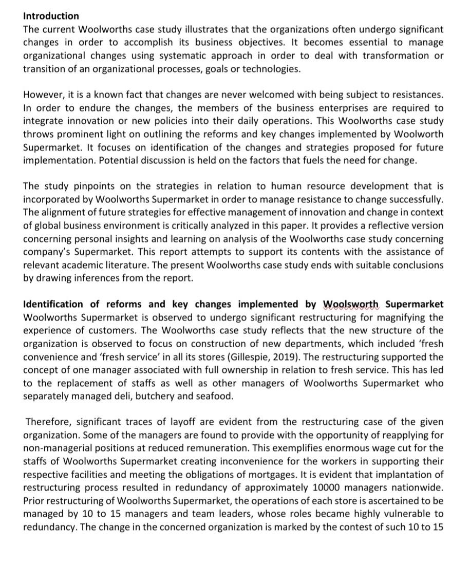 Solved Introduction The current Woolworths case study | Chegg.com