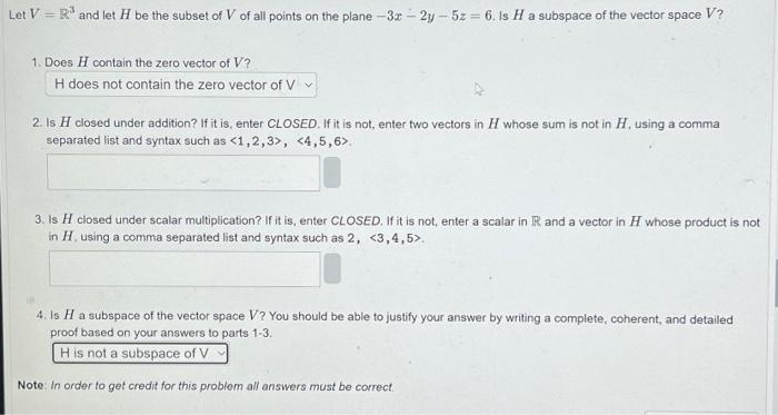 Solved Let V=R3 and let H be the subset of V of all points | Chegg.com
