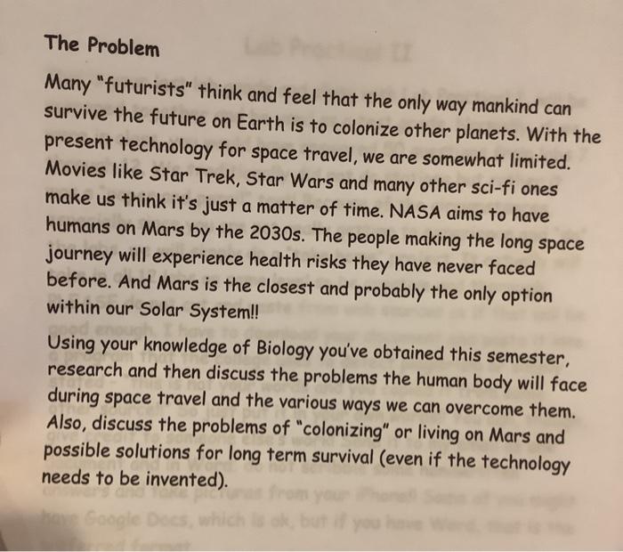 Solved A) Please list 5 Problems the human body will face | Chegg.com