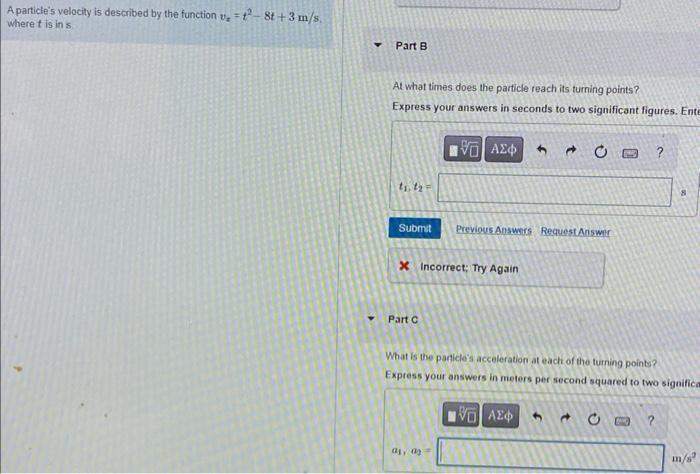 Solved A particle's velocity is described by the function | Chegg.com