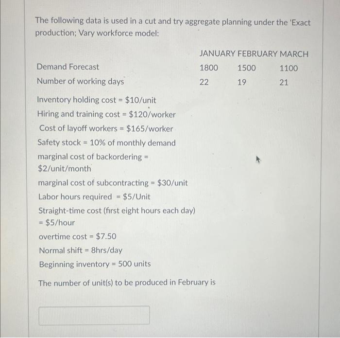 Solved The following data is used in a cut and try aggregate | Chegg.com