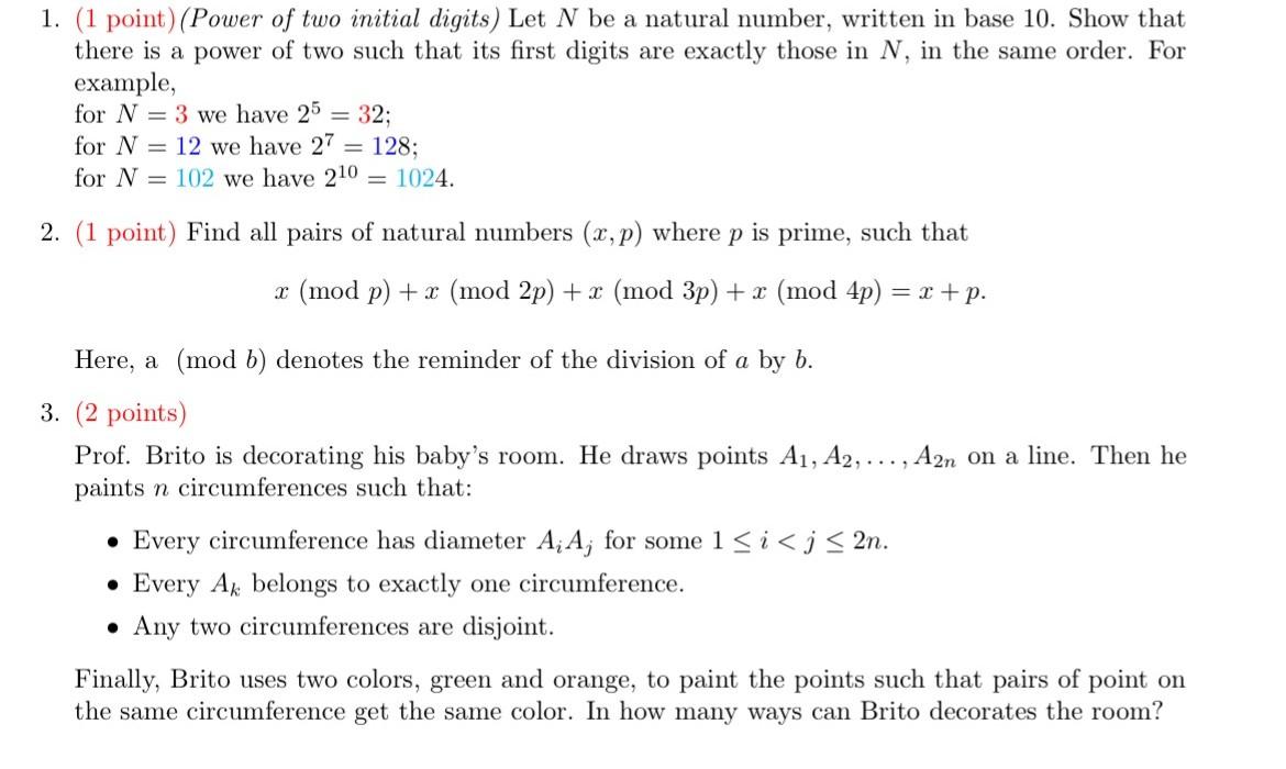 Solved 1. (1 point) (Power of two initial digits) Let N be a | Chegg.com