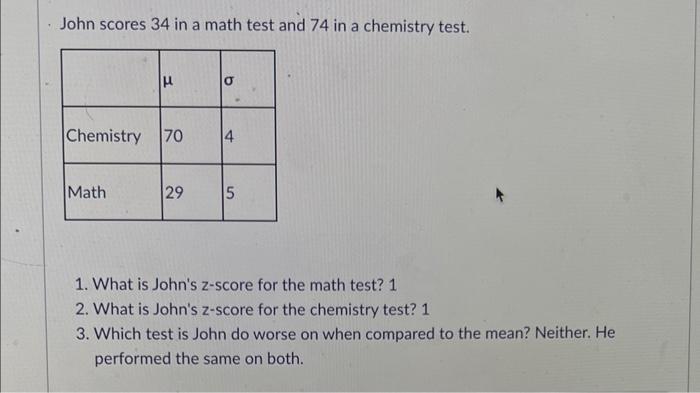 John scores 34 in a math test and 74 in a chemistry | Chegg.com