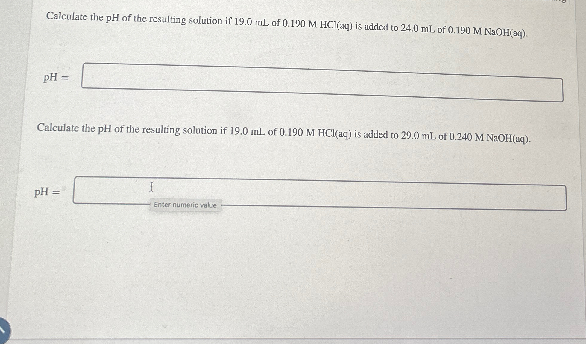 Solved Calculate the pH ﻿of the resulting solution if 19.0mL | Chegg.com