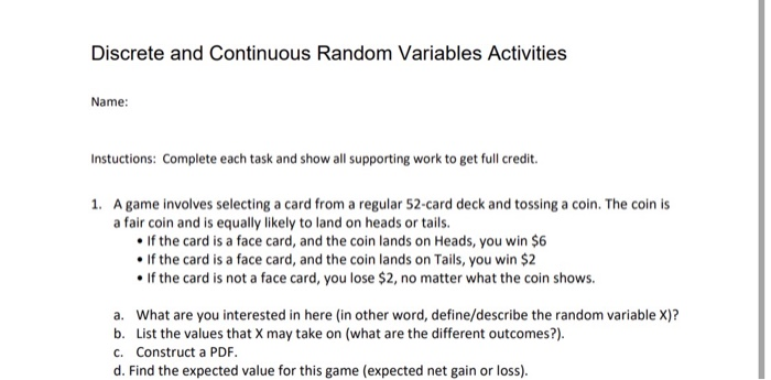 Solved Discrete and Continuous Random Variables Activities | Chegg.com