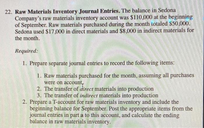 Solved 22. Raw Materials Inventory Journal Entries. The | Chegg.com