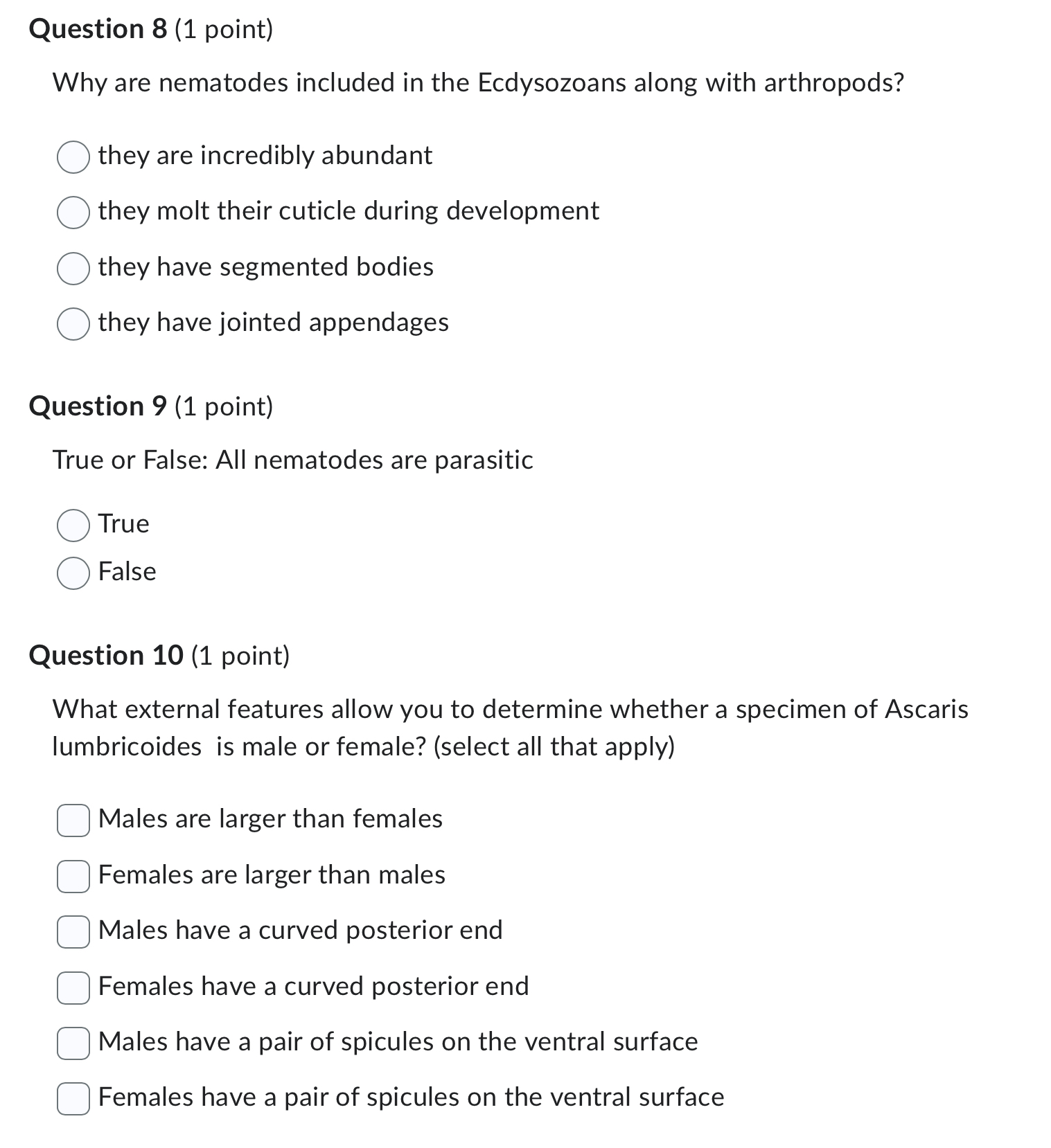 Solved Question 8 (1 ﻿point)Why are nematodes included in | Chegg.com