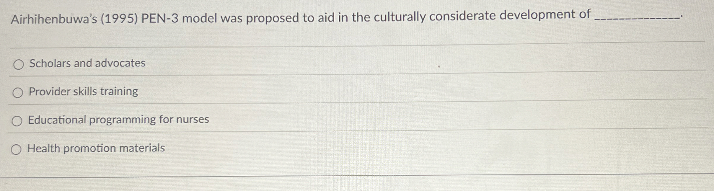 Solved Airhihenbuwa's (1995) ﻿PEN-3 ﻿model was proposed to | Chegg.com