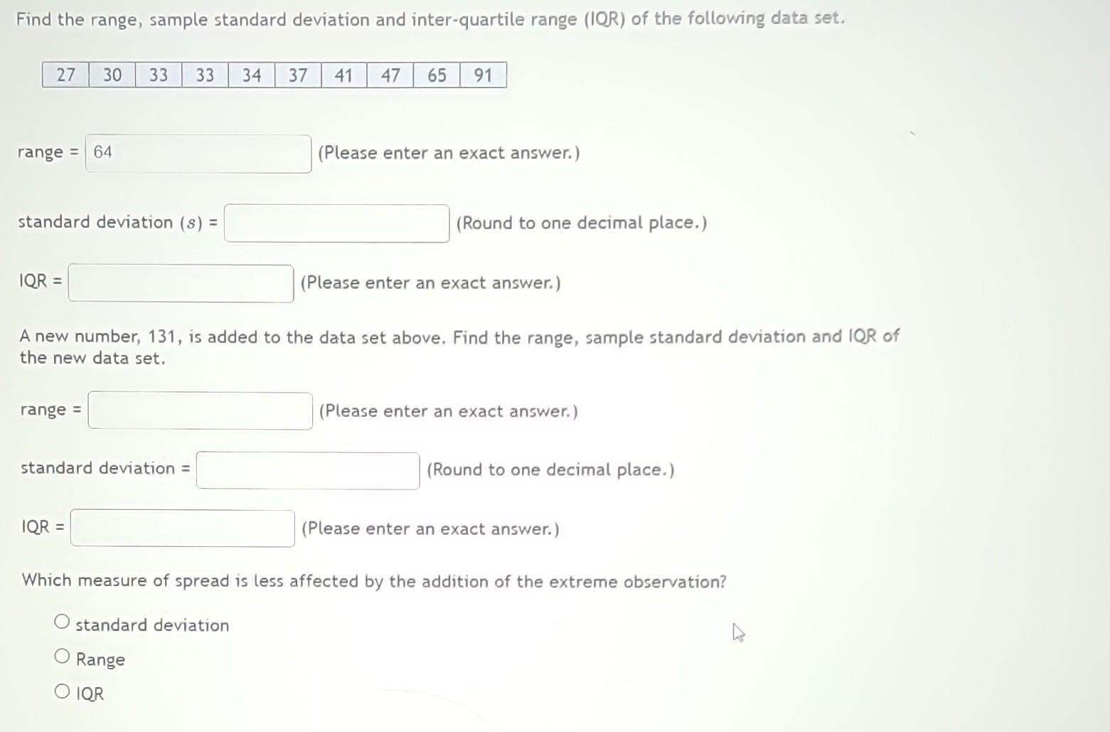 Solved Find the range, sample standard deviation and | Chegg.com
